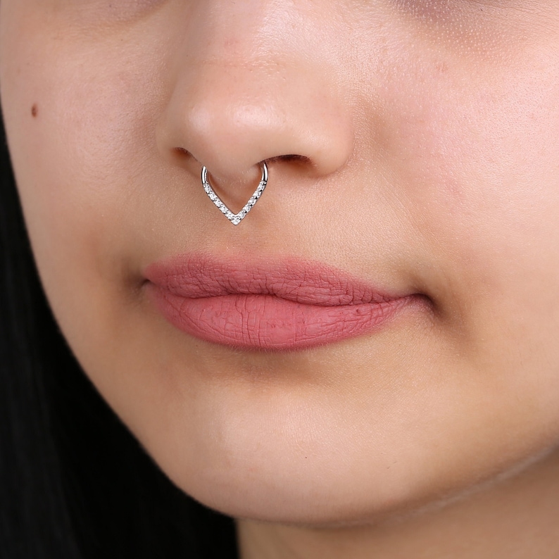 925 Sterling Silver V Shaped Septum Ring CZ Septum Clicker CZ - Etsy