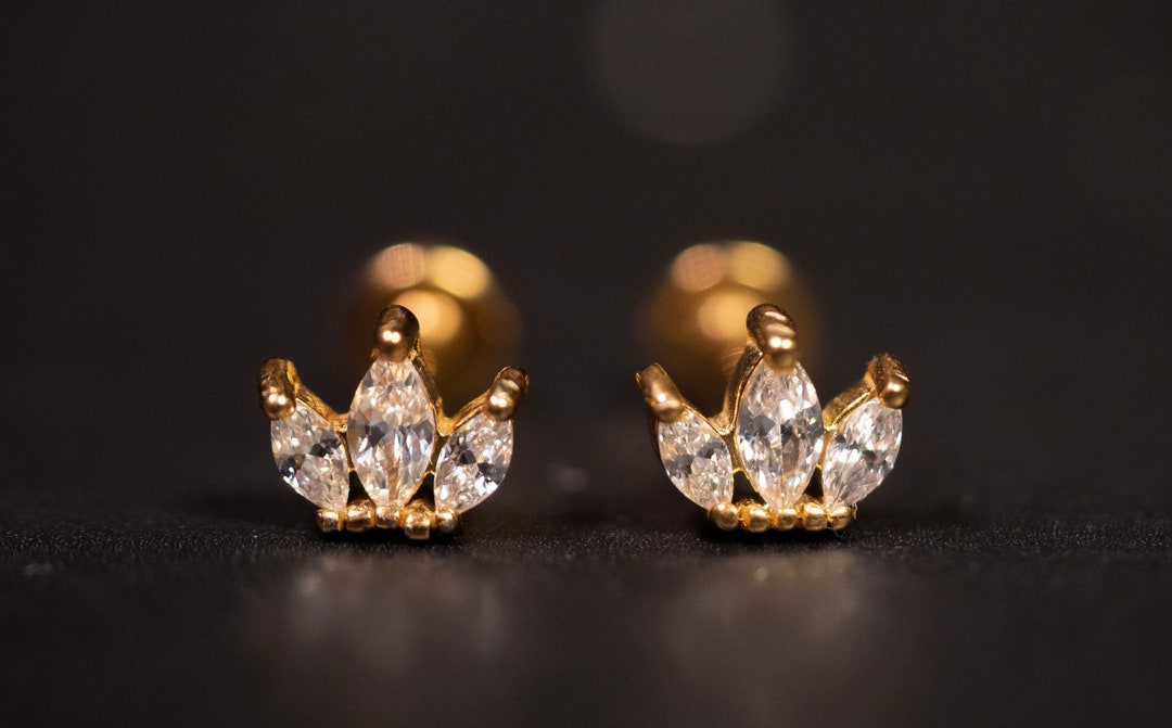 16G Internally Threaded Gold Crown Stud Earrings, 316L Tiny Crown ...