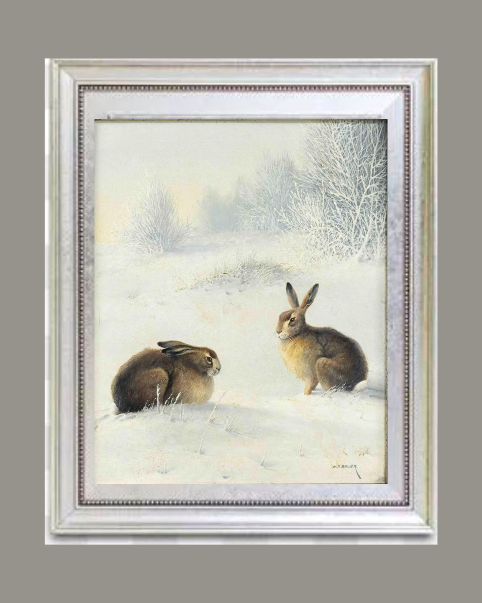 2 Hares in the Snow", Rabbit Print, Bunny Rabbits, Landscapes, Snowy ...