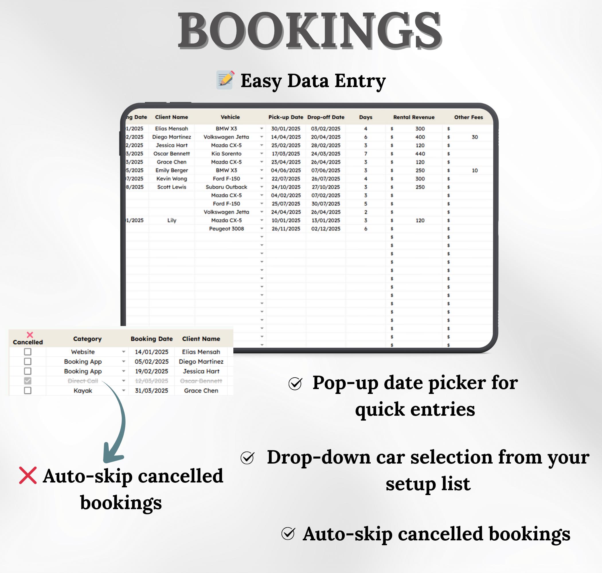 Car Rental Management Spreadsheet Google Sheets Booking Template ...