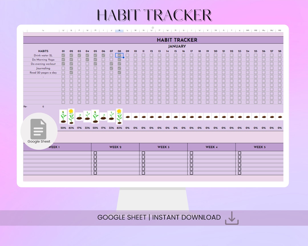 Growing Flower Habit Tracker Spreadsheet Goal Tracker Google - Etsy