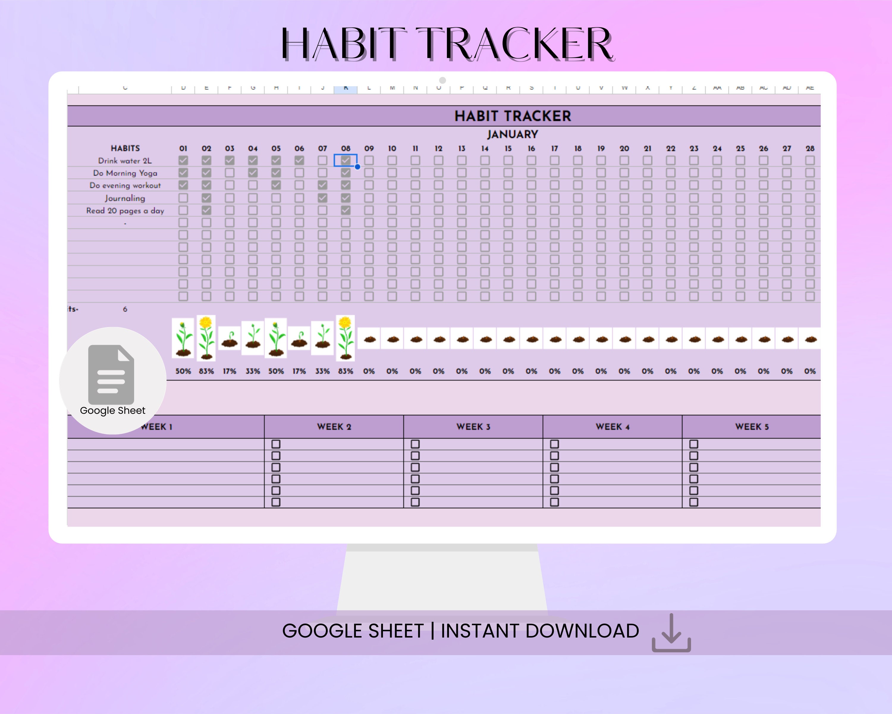 Growing Flower Habit Tracker Spreadsheet Goal Tracker Google - Etsy