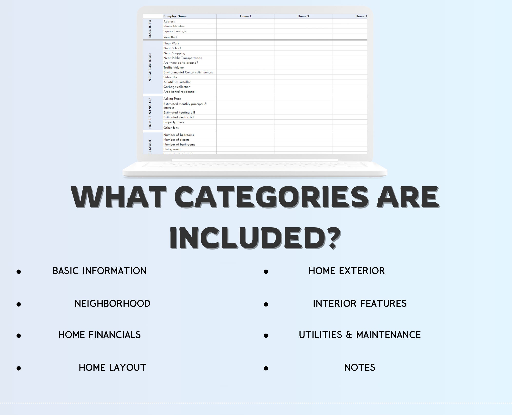 Home Comparison Spreadsheet, Housing Search Planner, Home Comparison ...