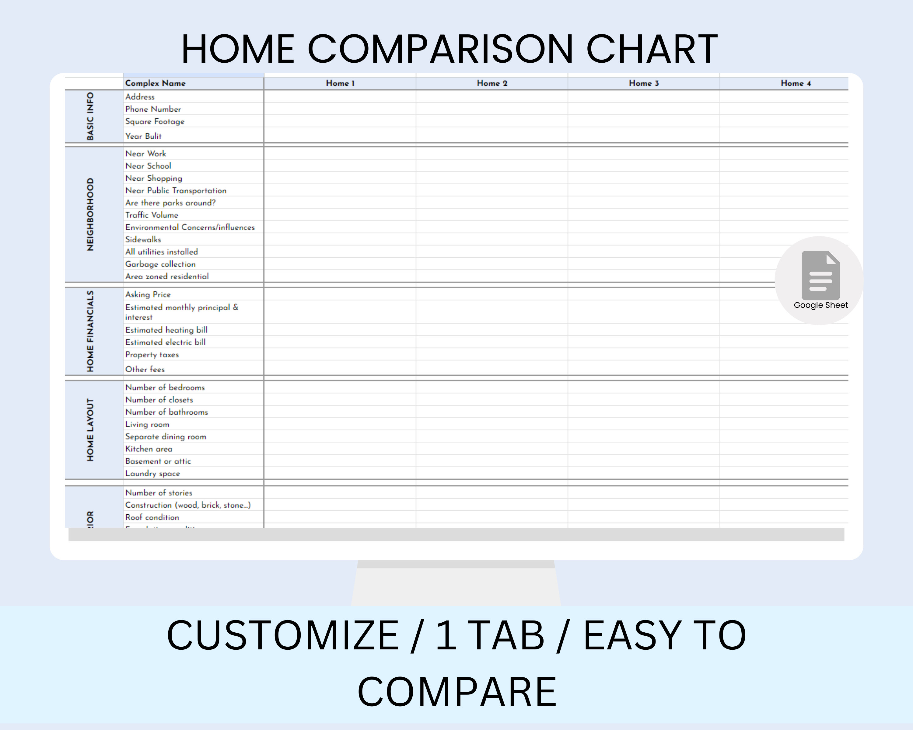 Home Comparison Spreadsheet Housing Search Planner Home - Etsy