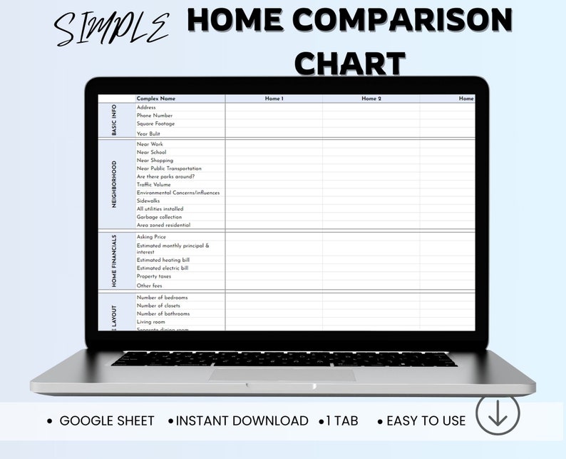 Home Comparison Spreadsheet, Housing Search Planner, Home Comparison ...