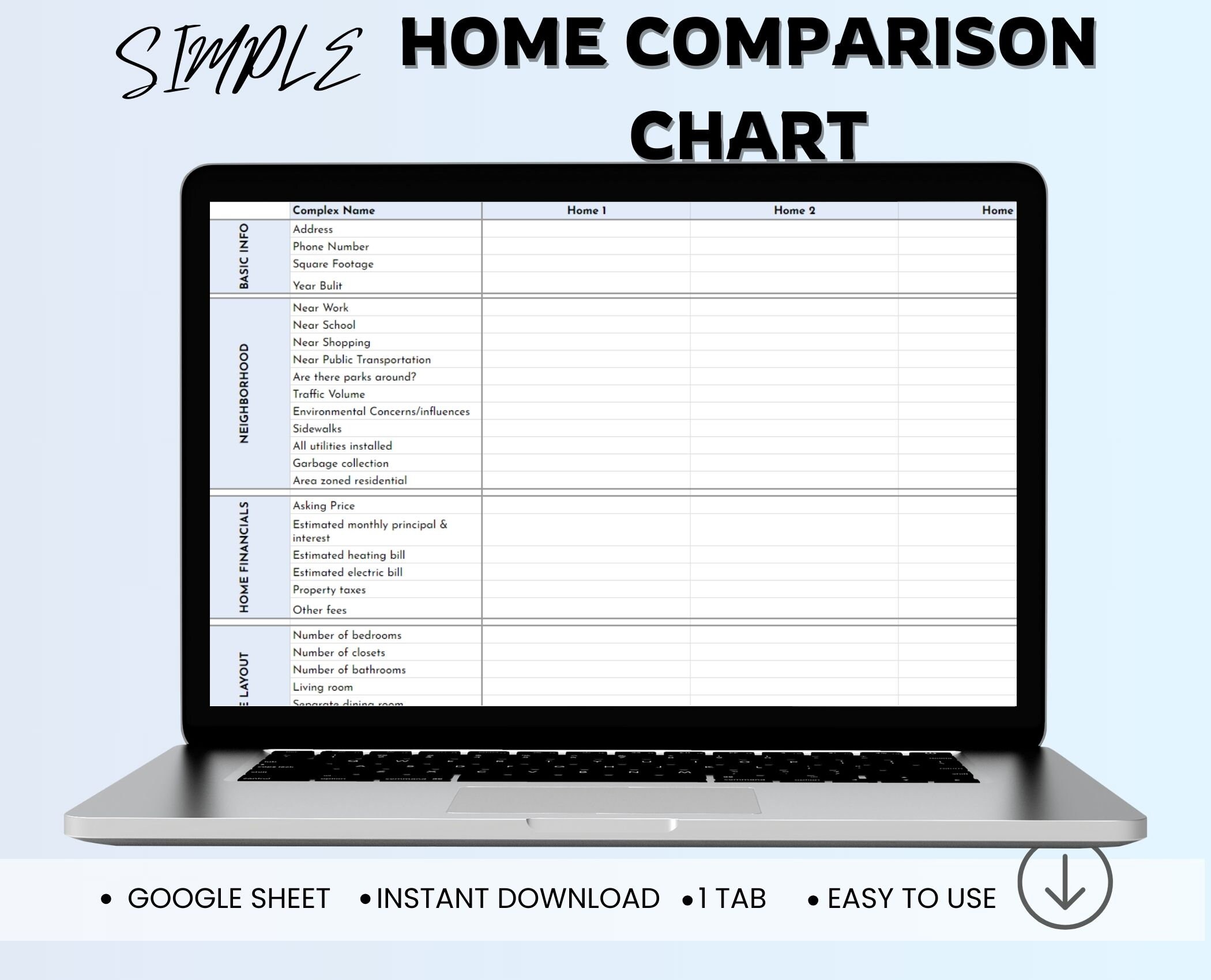 Home Comparison Spreadsheet, Housing Search Planner, Home Comparison ...