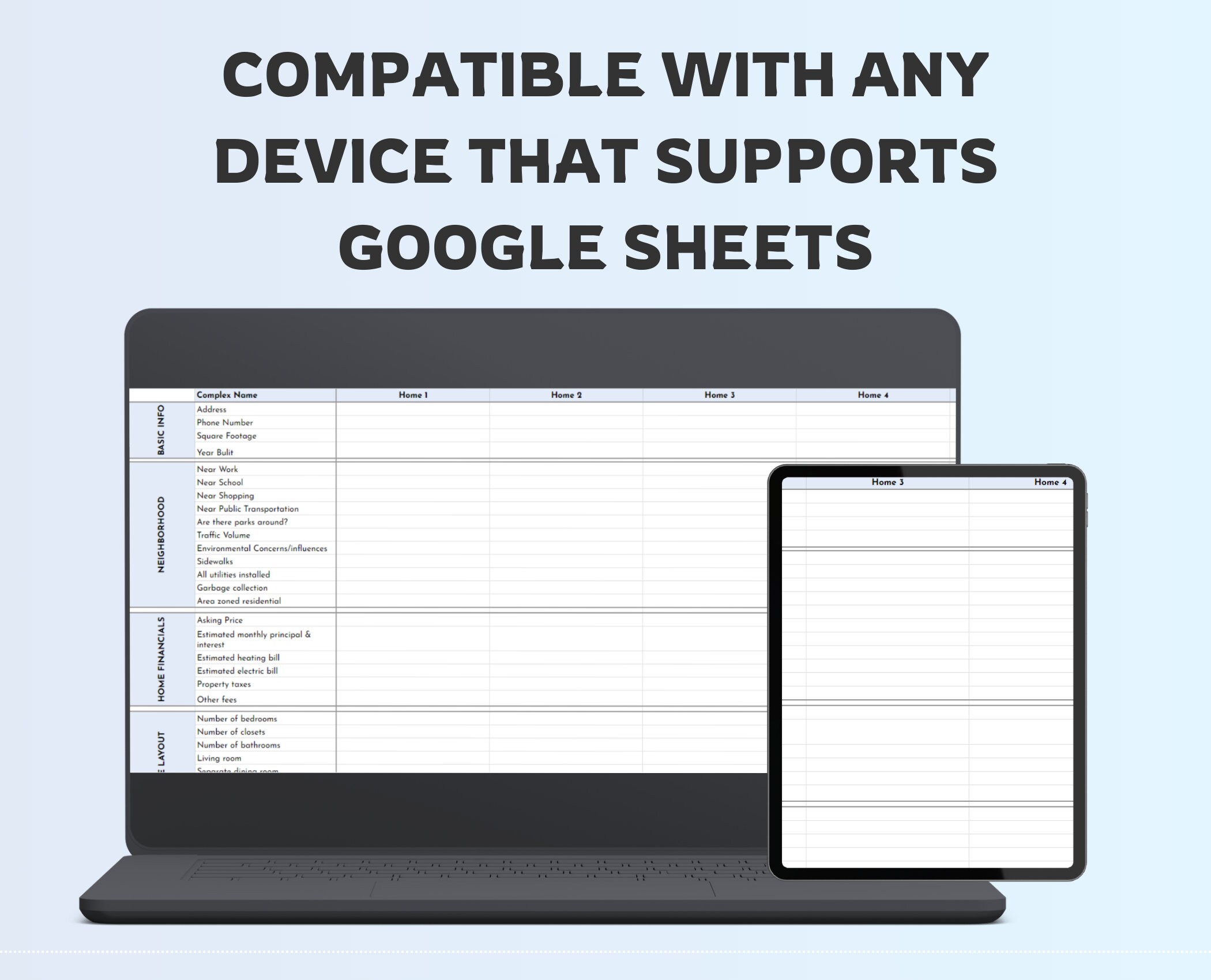 Home Comparison Spreadsheet, Housing Search Planner, Home Comparison ...