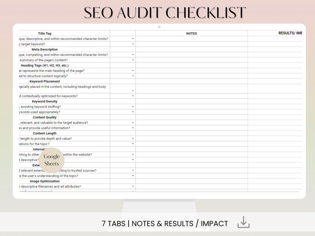 SEO Audit Checklist Template, SEO Checklist Spreadsheet - Etsy