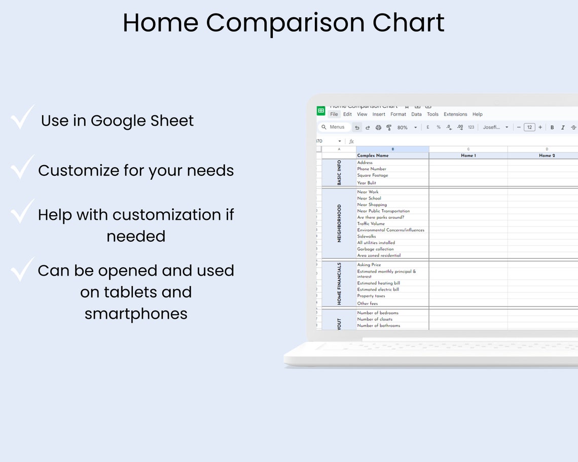 Home Comparison Spreadsheet Housing Search Planner Home - Etsy