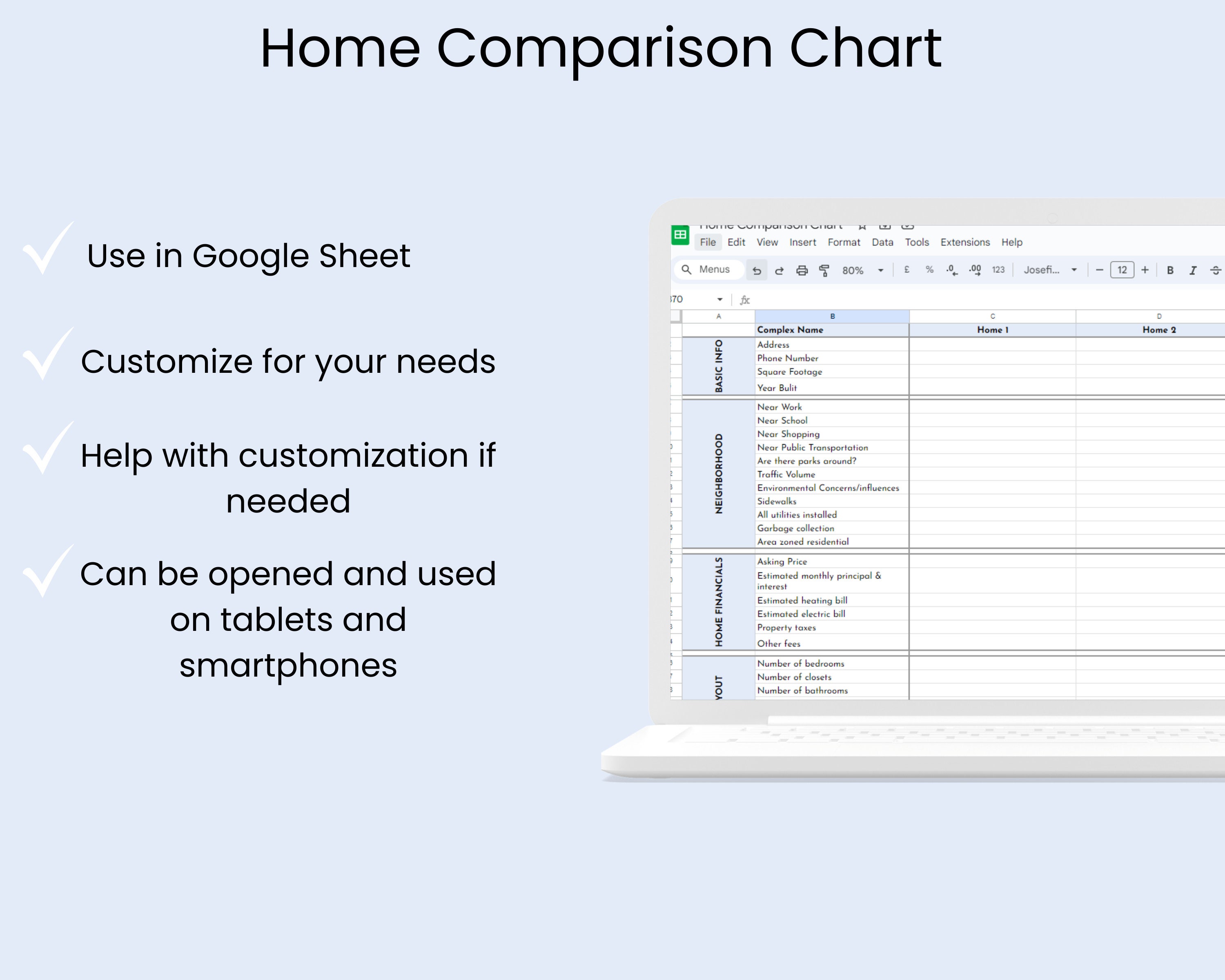 Home Comparison Spreadsheet Housing Search Planner Home - Etsy