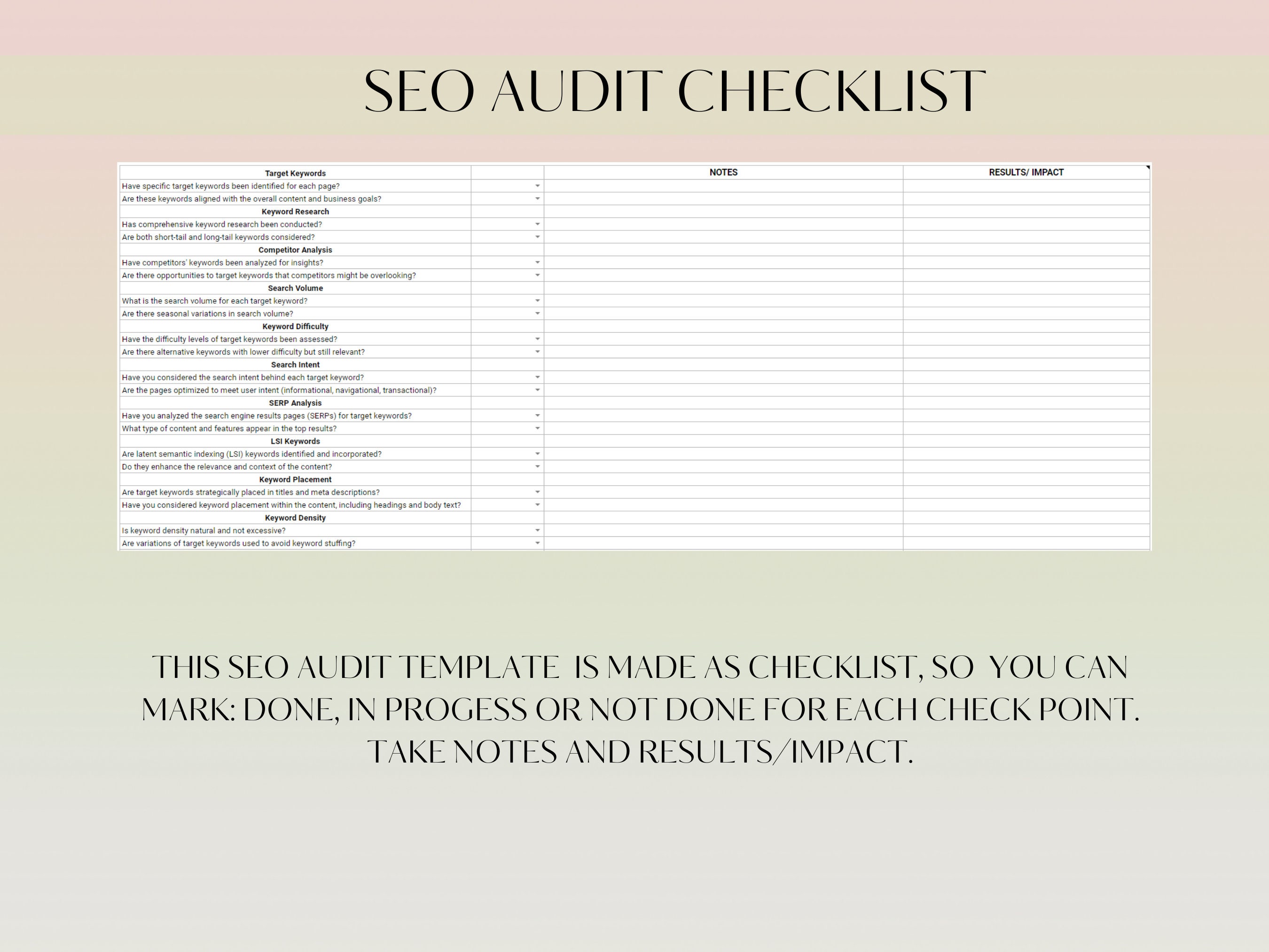 SEO Audit Checklist Template, SEO Checklist Spreadsheet - Etsy