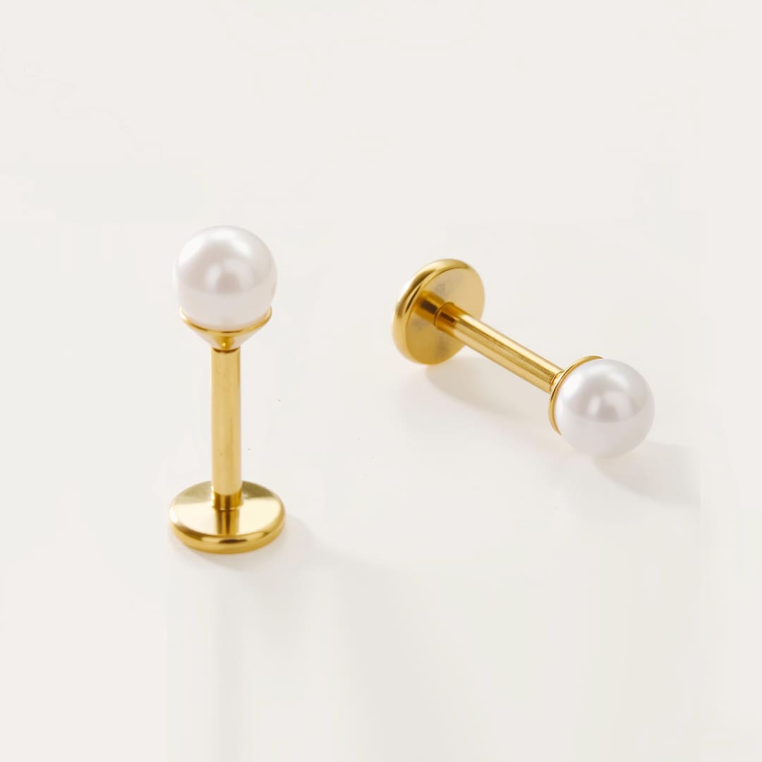 Gold 3mm Pearl Push Pin Flat Back Studs, Titanium Pearl Stud, Cartilage ...