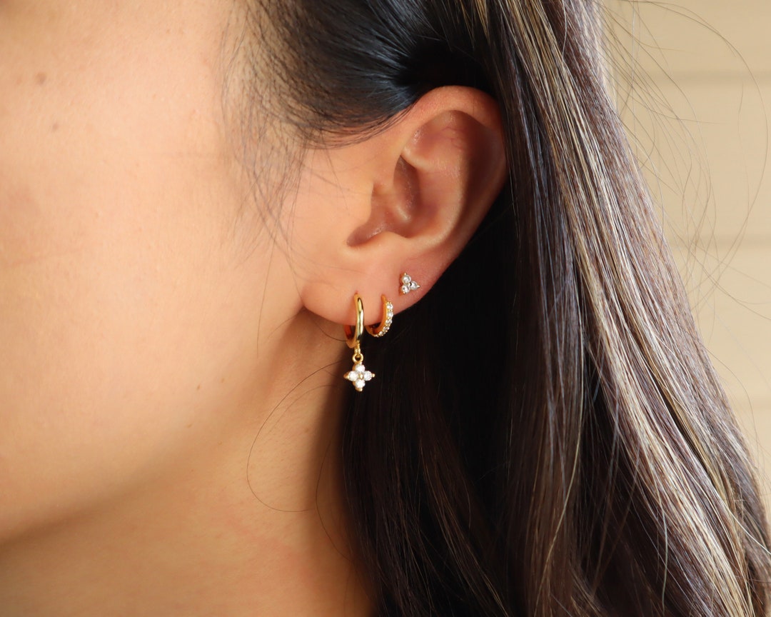 Waterproof-18k Gold 4 Leaf Clover Flower Hoop Sterling Silver Earrings ...