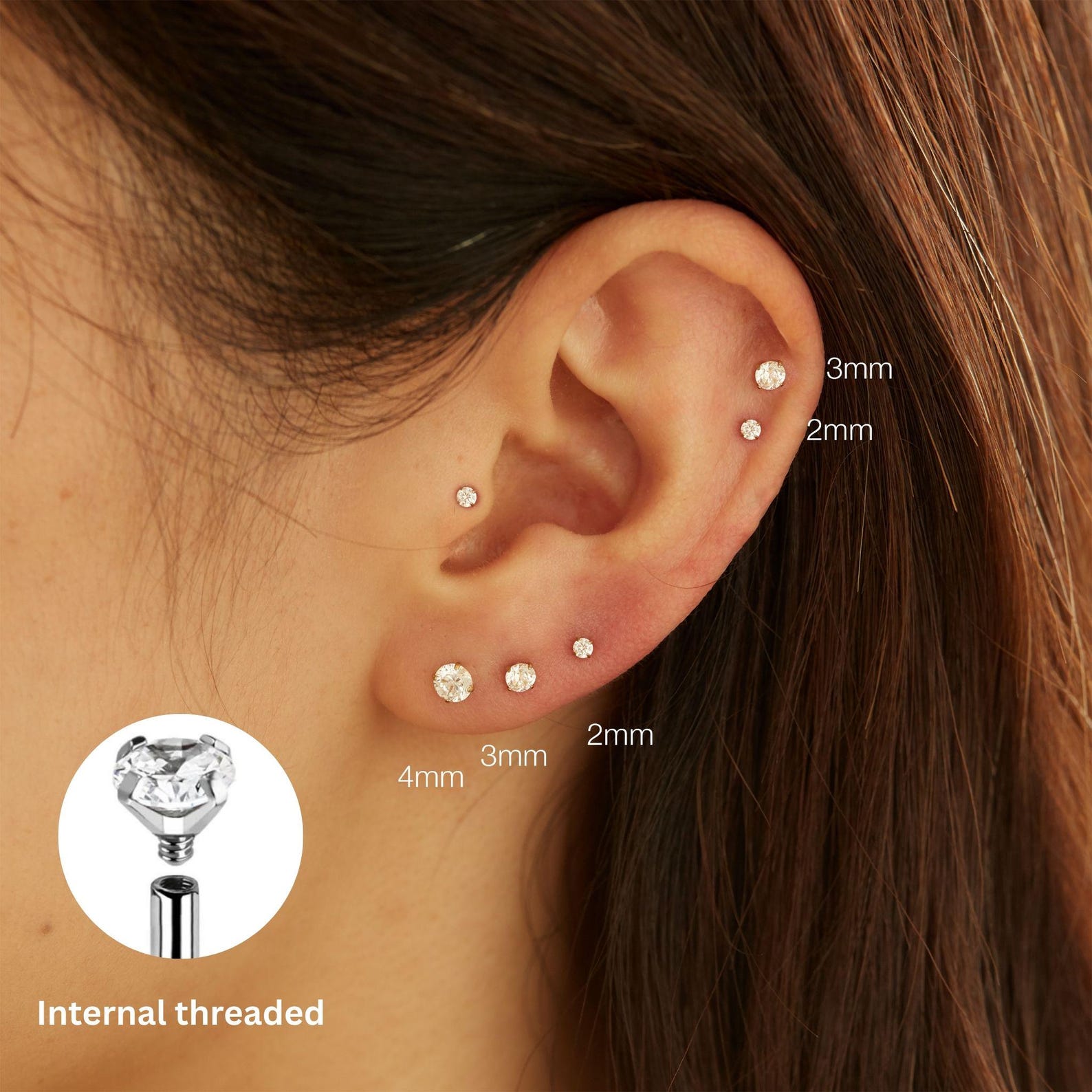 18G/16G 2mm 3mm 4mm Stud, Titanium Internally Threaded Labret • Tragus ...