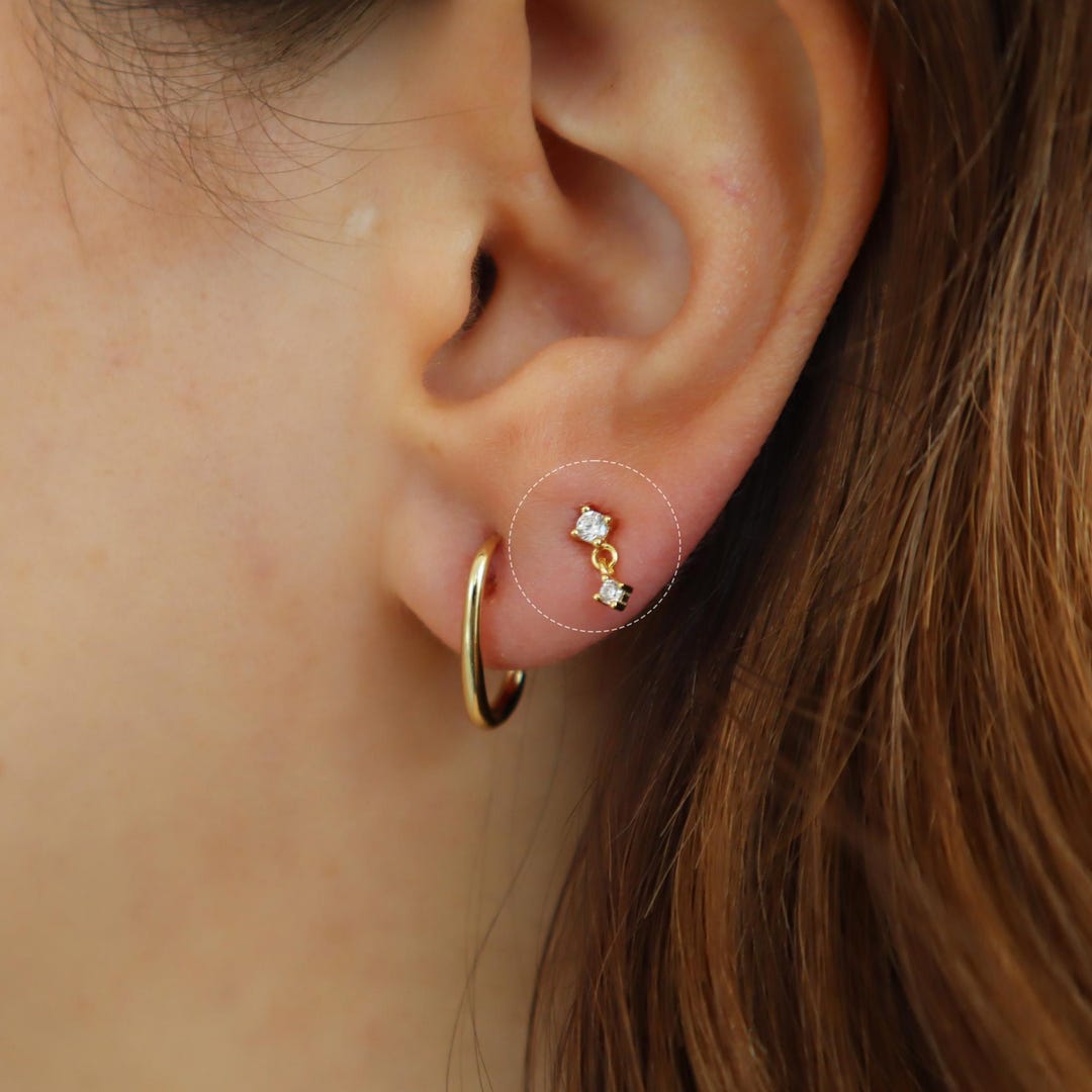 CZ Cubic Diamond Drop Dangle Studs, Dainty Tiny CZ Studs, 18k Gold ...