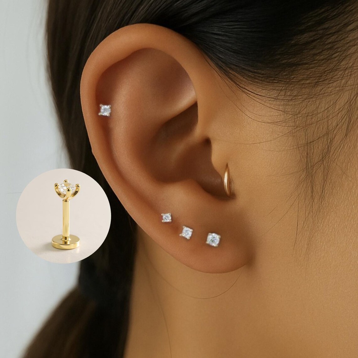 Waterproof-18g Threadless Gold Push Pin Labret Stud • Solid 925 ...
