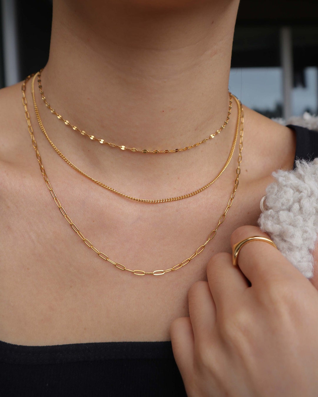 Gold Dainty Shimmer Chain Stainless Steel Necklace Set, Paperclip Chain ...