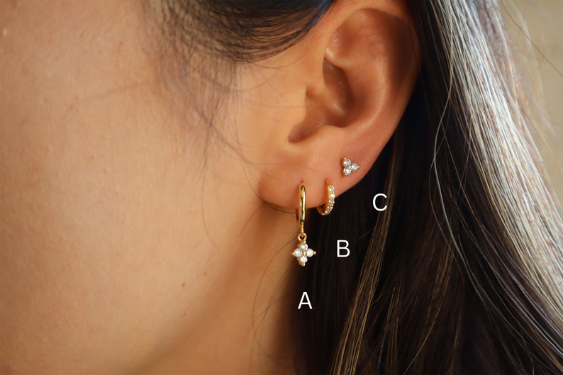 Waterproof-18k Gold 4 Leaf Clover Flower Hoop Sterling Silver Earrings ...