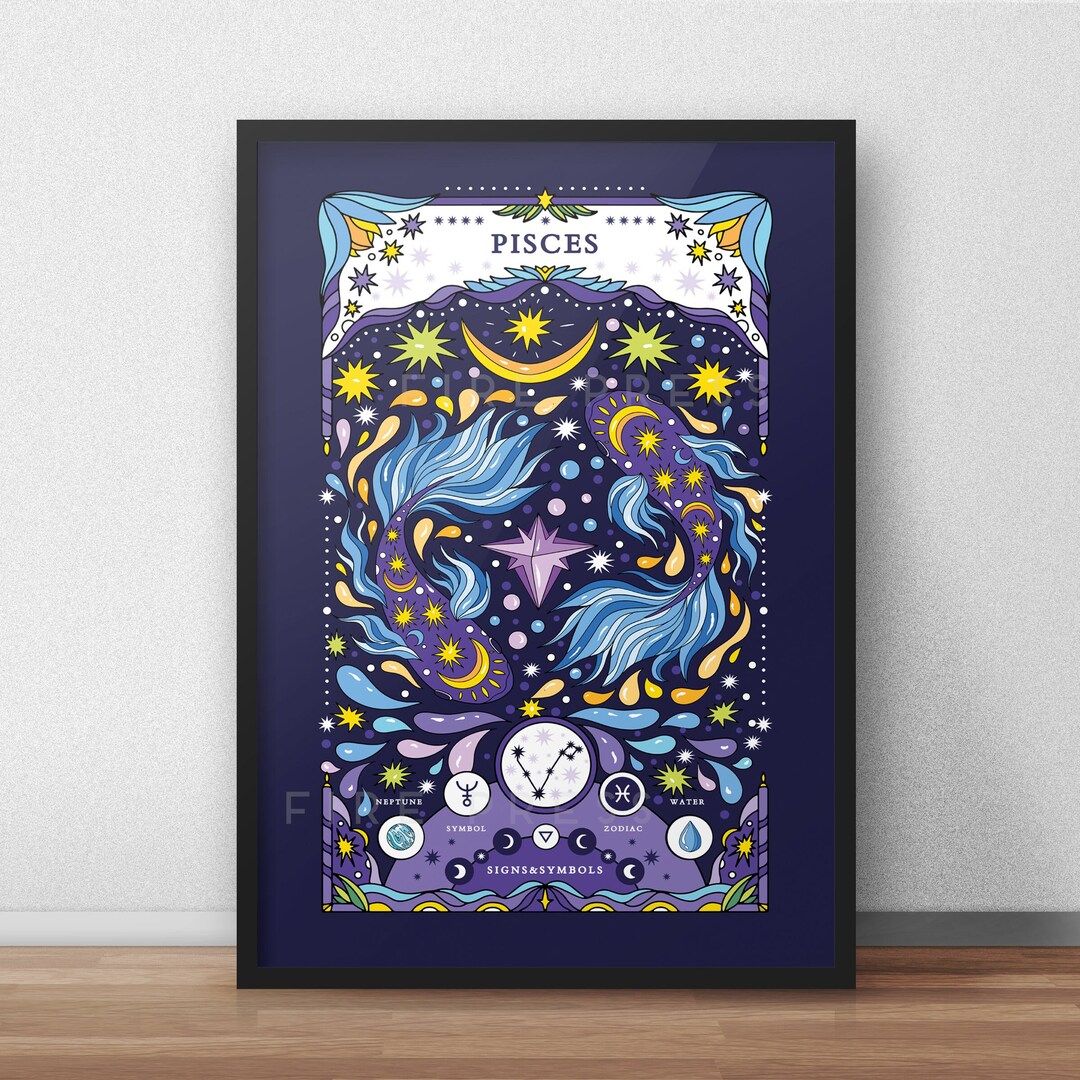 Illustrated Pisces Print / Zodiac Poster / Star Sign Gifts / Boho Decor ...