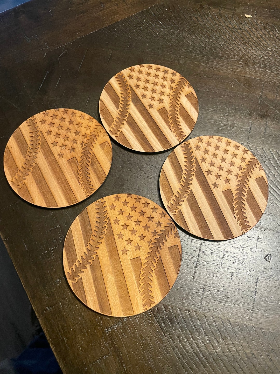 Set of 4 Baseball American Flag Coasters, Wood Natural Design ...