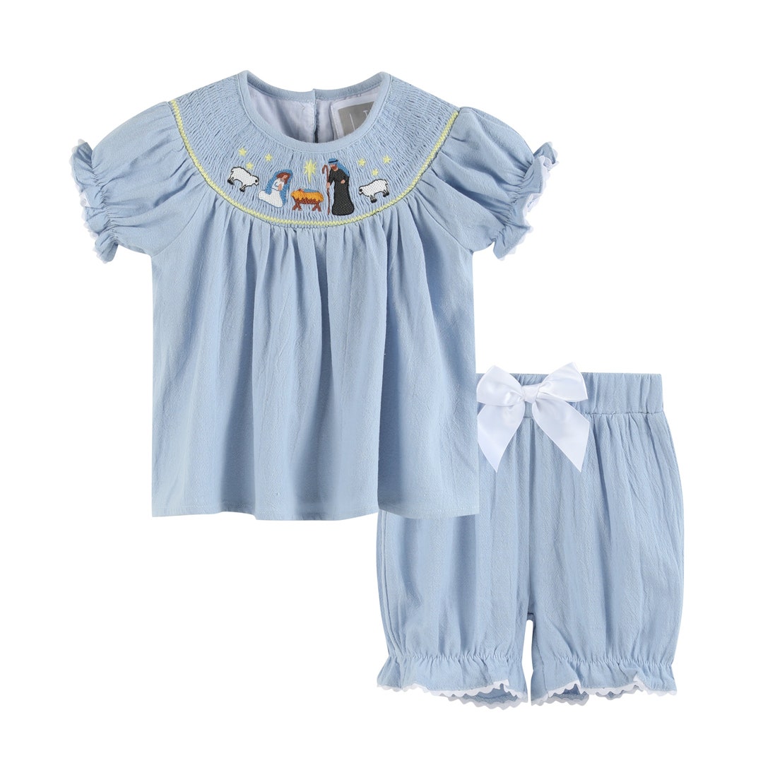 Light Blue Nativity Smocked Dress and Bloomers Set - Etsy