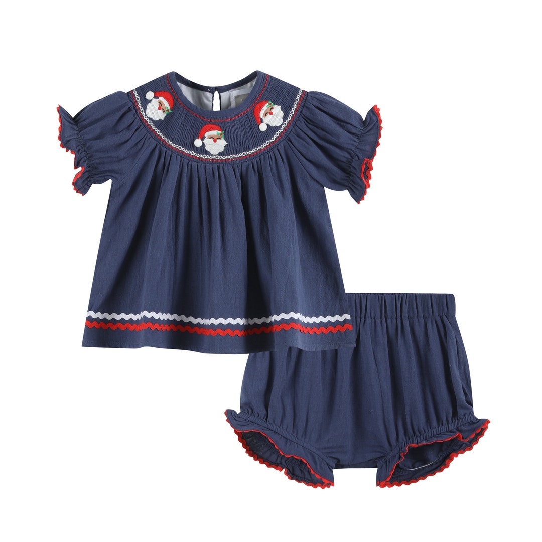 Navy Blue Santa Smocked Dress and Bloomers Set - Etsy