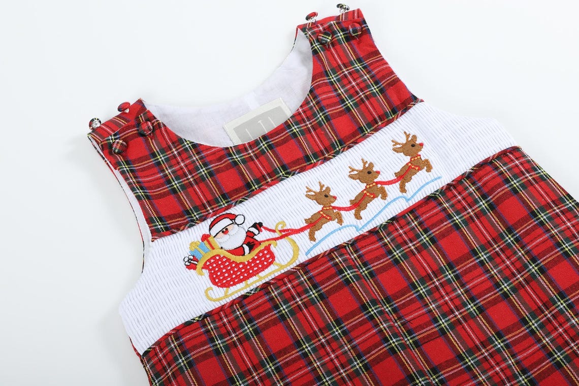 Red Christmas Plaid Santa Sleigh Smocked Overalls - Etsy