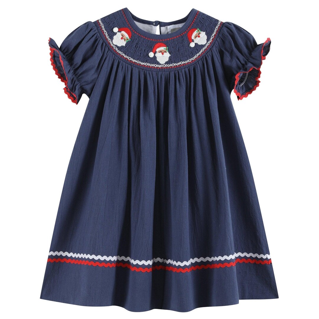 Navy Blue Santa Smocked Bishop Dress - Etsy