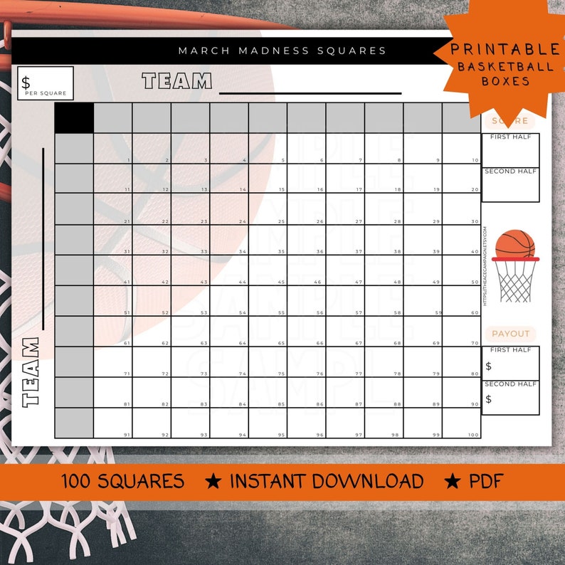 March Madness Basketball Squares: 100 Square Grid (printable & Editable ...