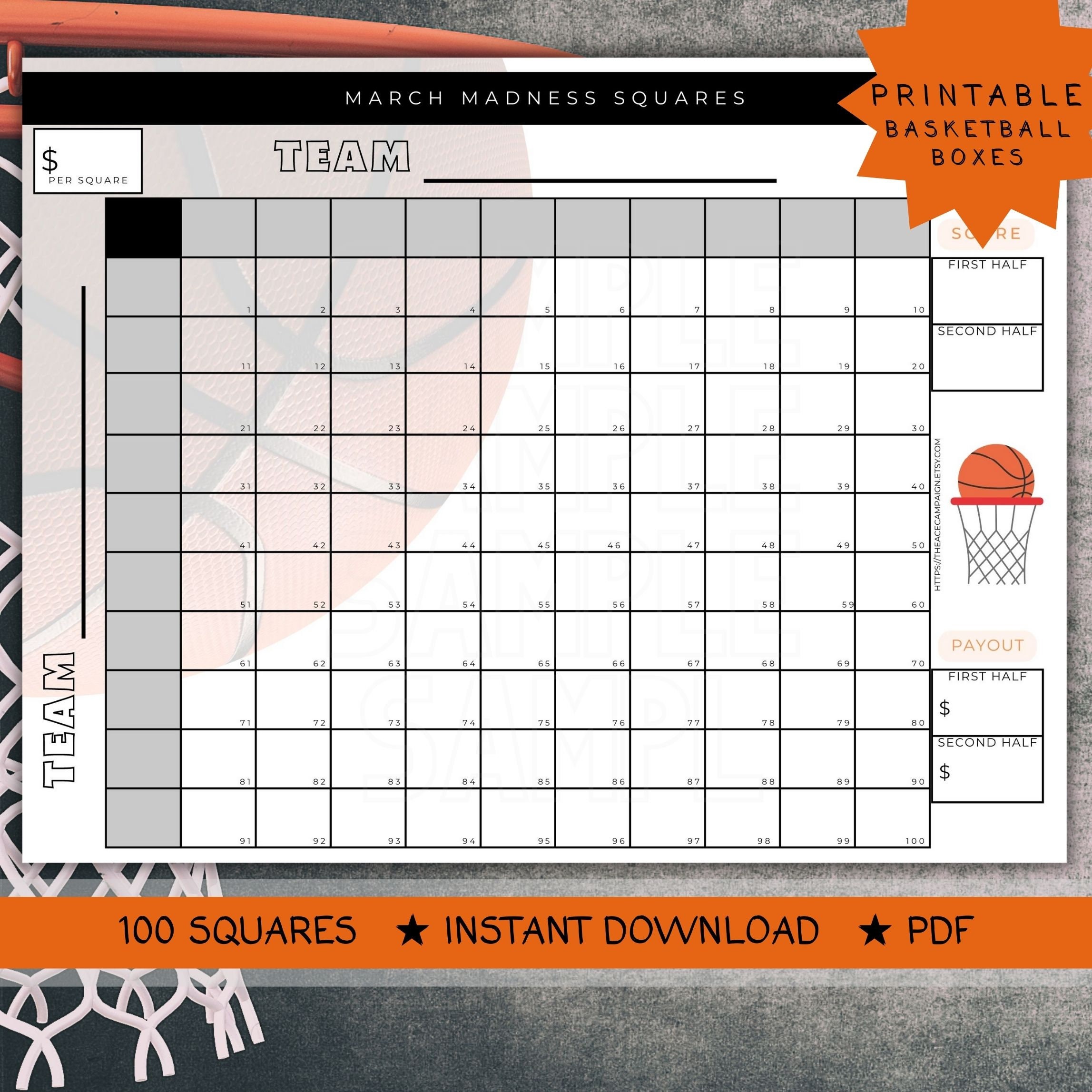 March Madness Basketball Squares: 100 Square Grid (printable & Editable ...