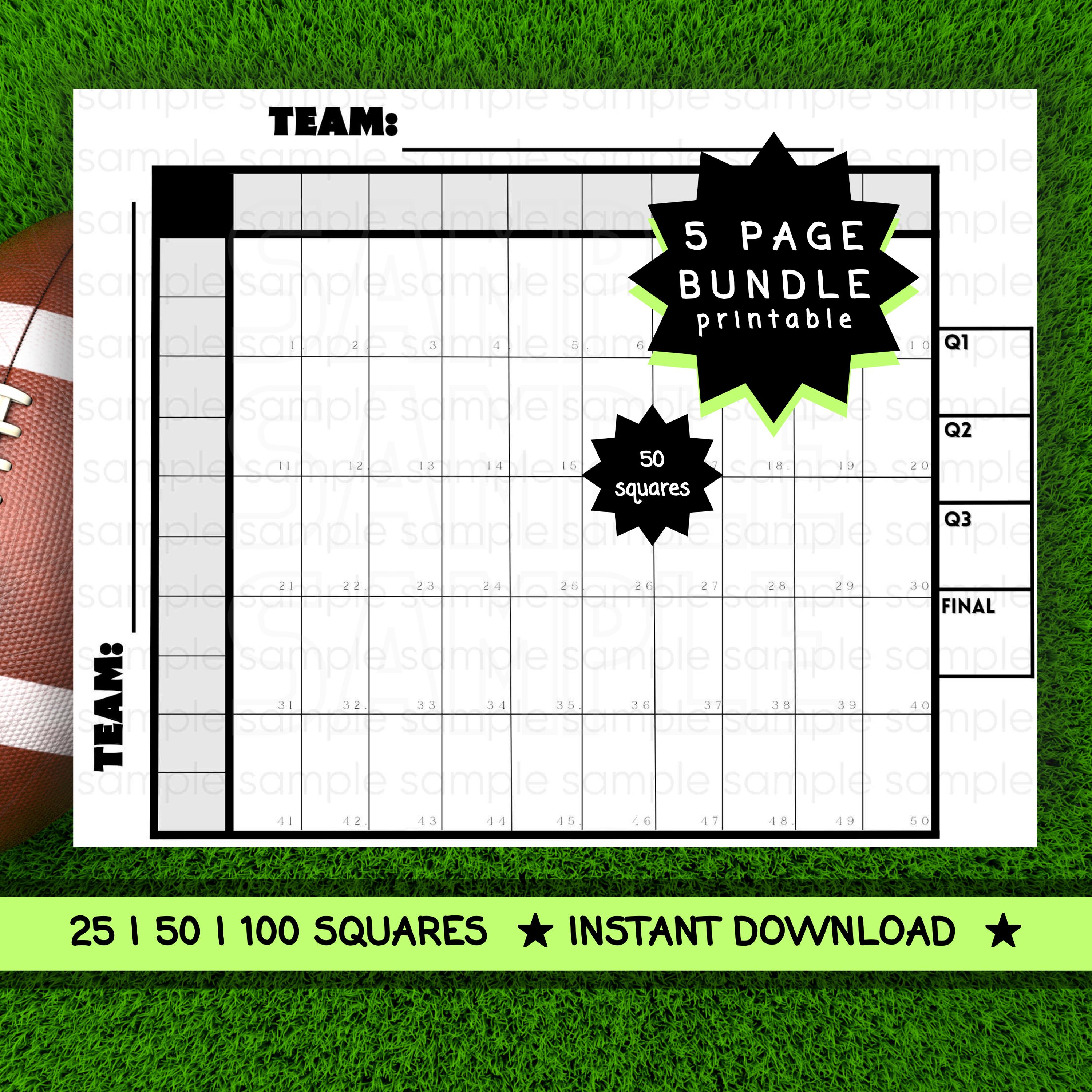 Football Squares Grid: 25, 50, 100 Box Templates (printable PDF) - Etsy