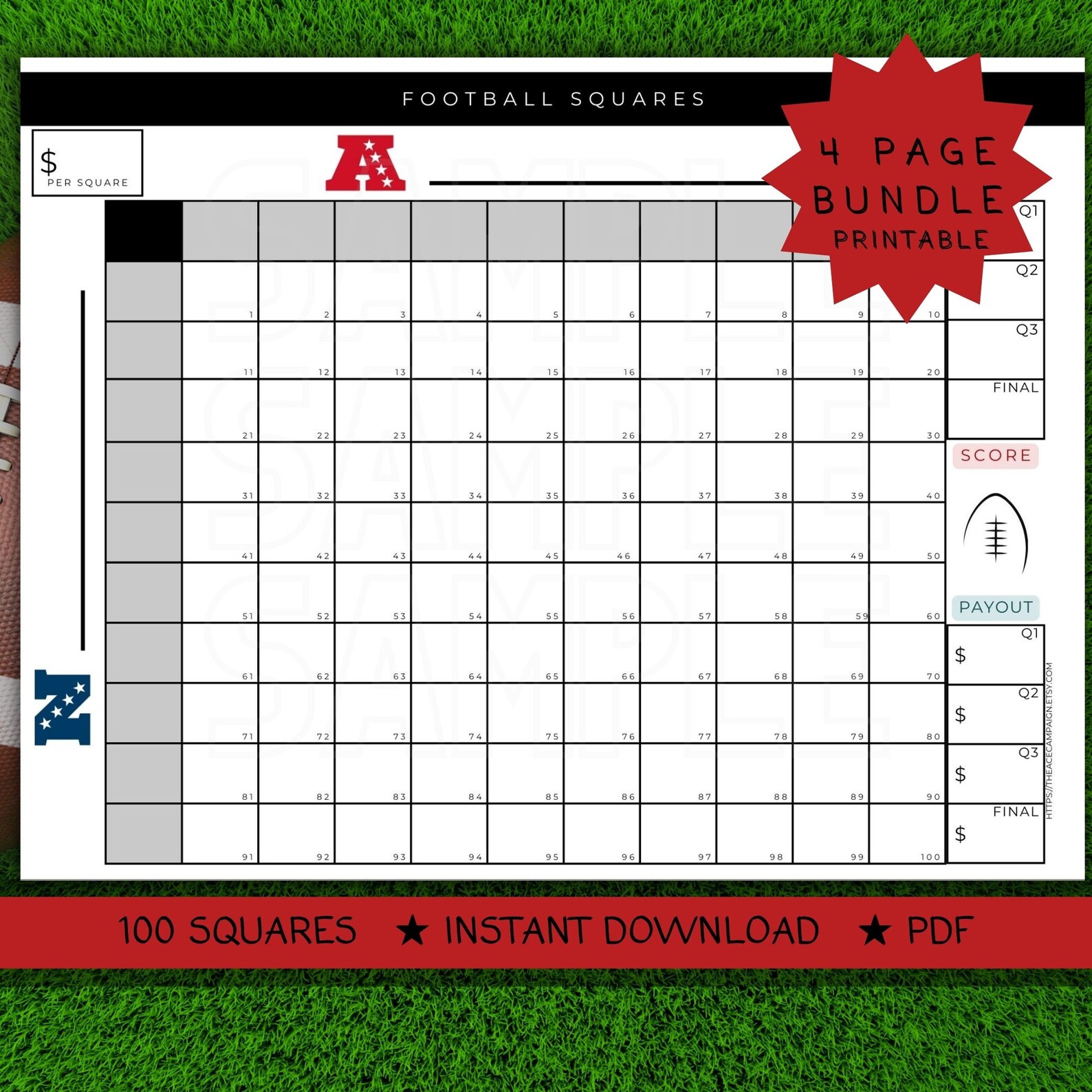 Football Squares Template: 100 Square Grid, Editable & Printable (PDF ...