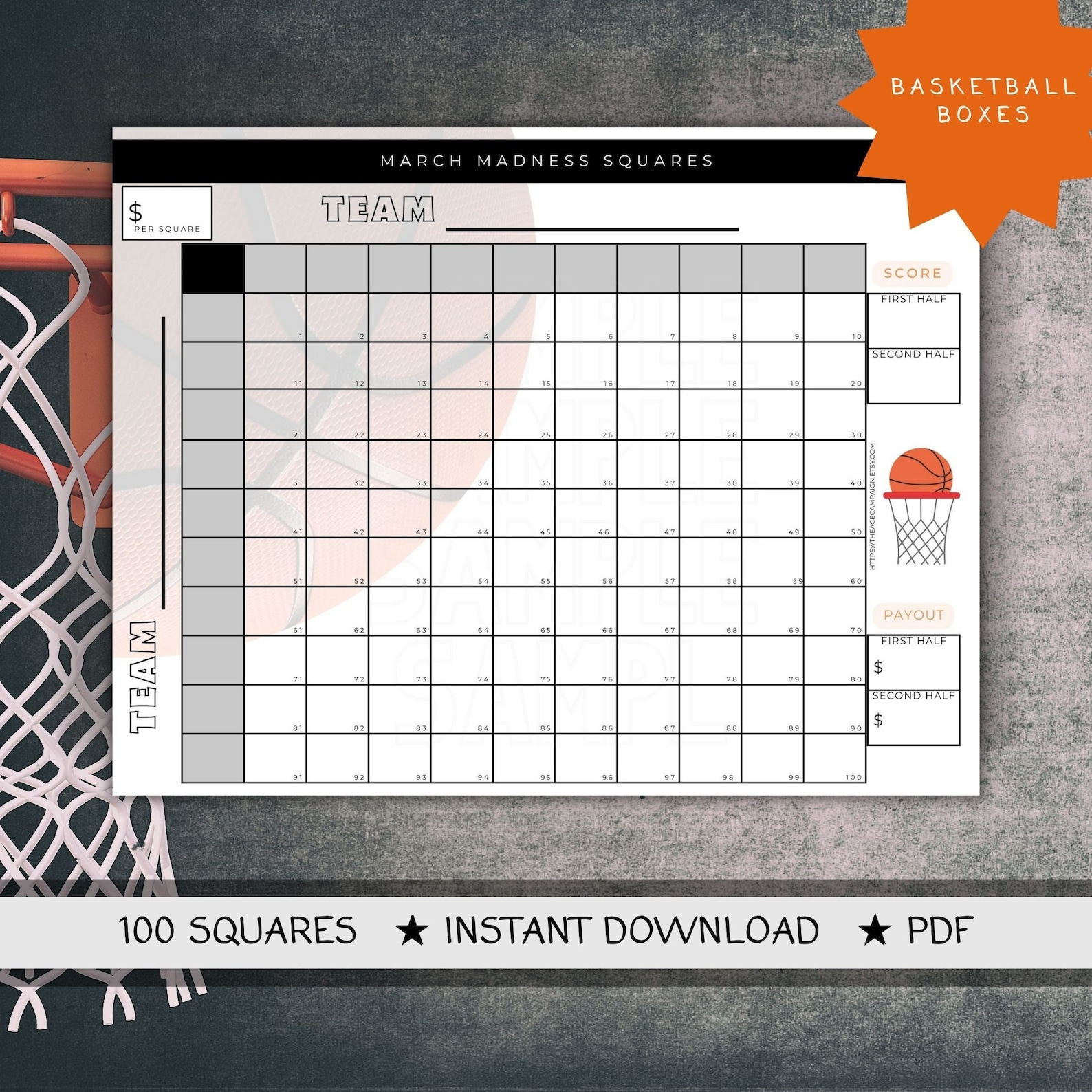 March Madness Basketball Squares: 100 Square Grid (printable & Editable ...
