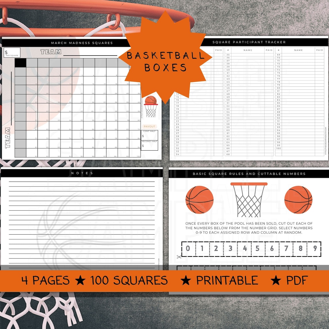 March Madness Basketball Squares: 100 Square Grid (printable & Editable ...