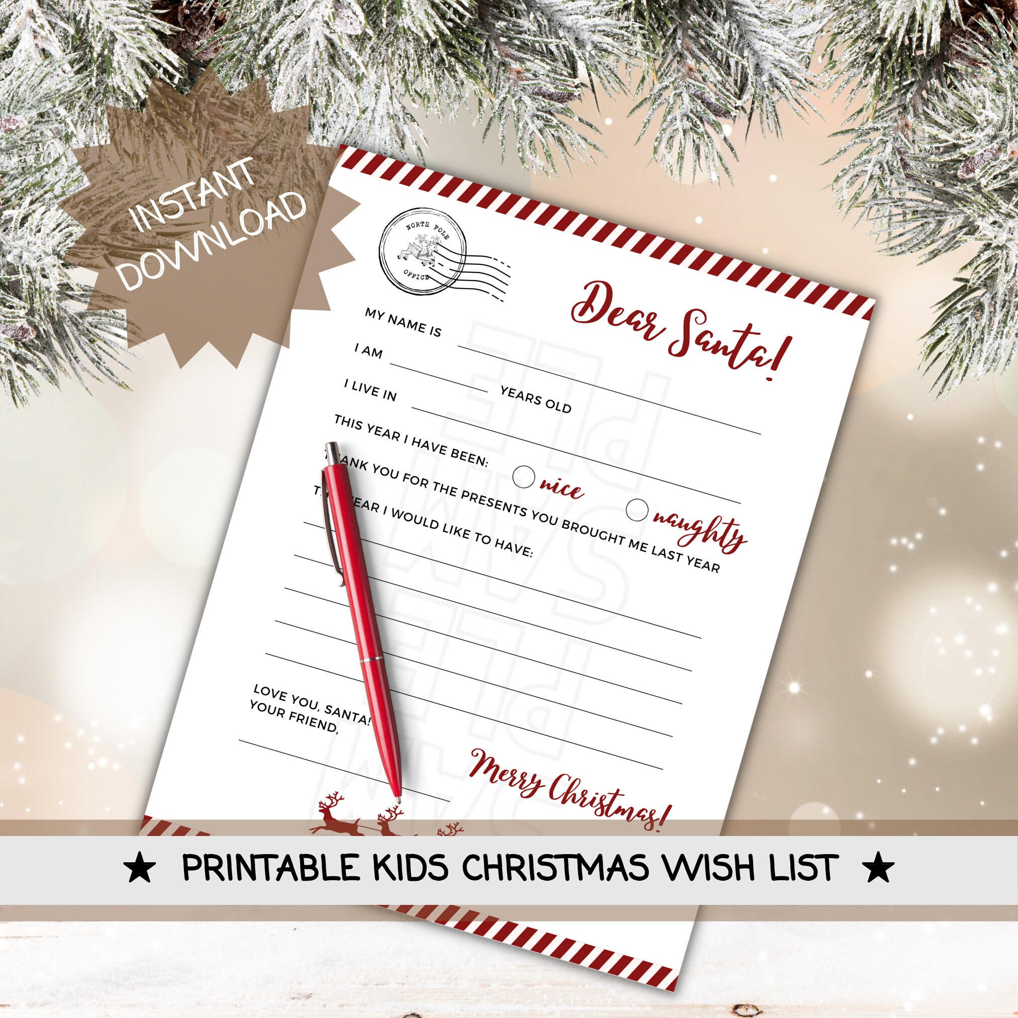 Printable Kids Santa Christmas List: Instant Download PDF Instantly ...