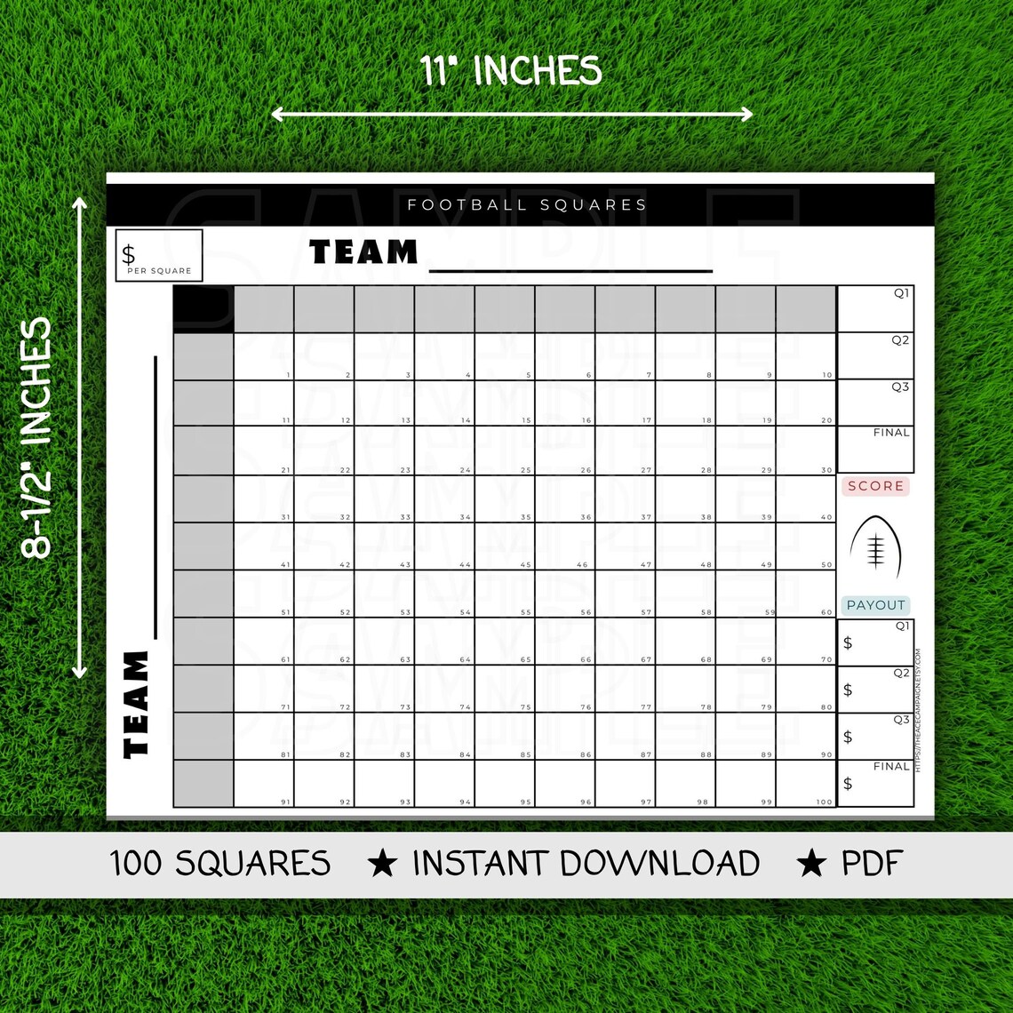 Football Squares | 100 Box Squares | Football Boxes | Instant Download ...