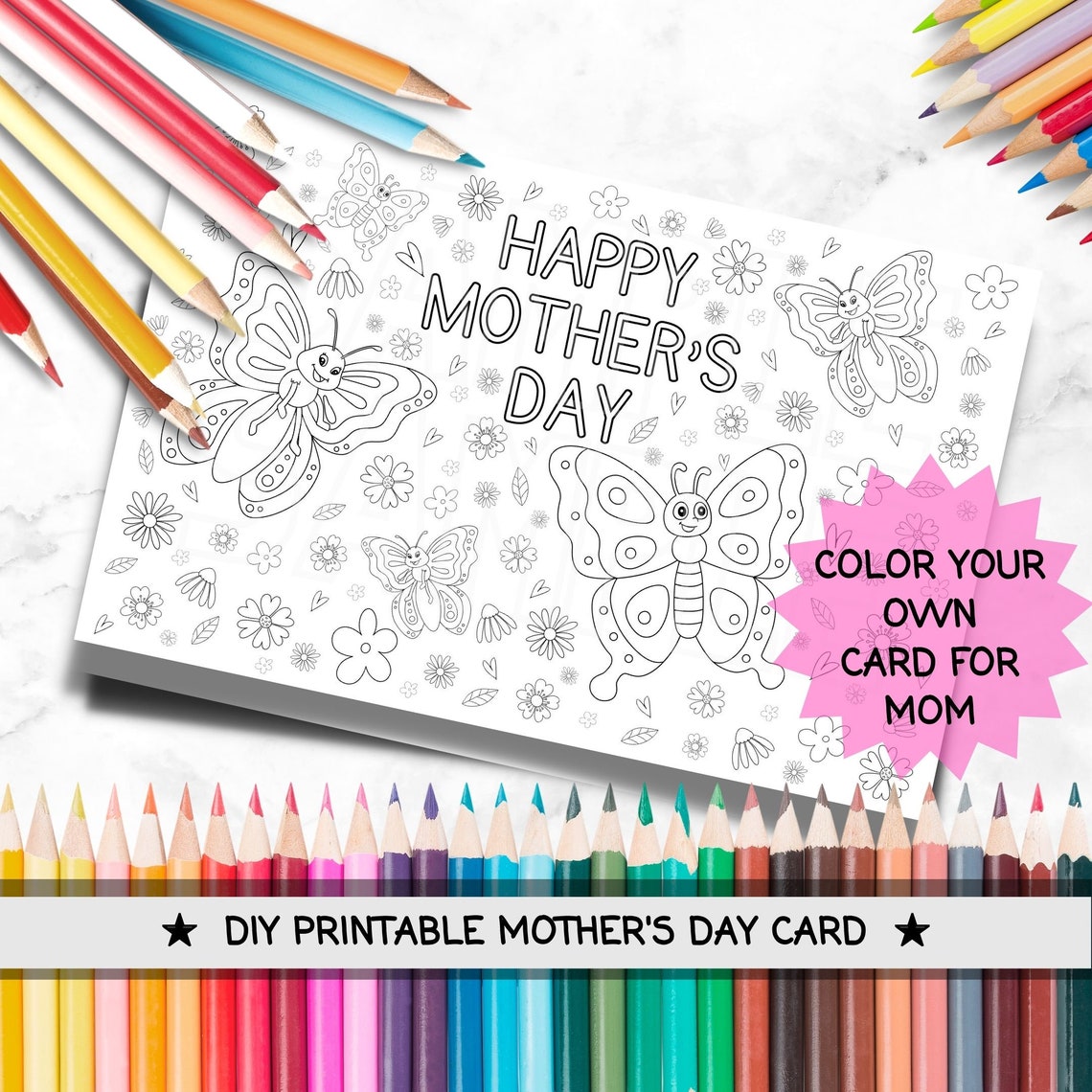 Printable Mothers Day Coloring Card Happy Mother's Day Digital Greeting ...