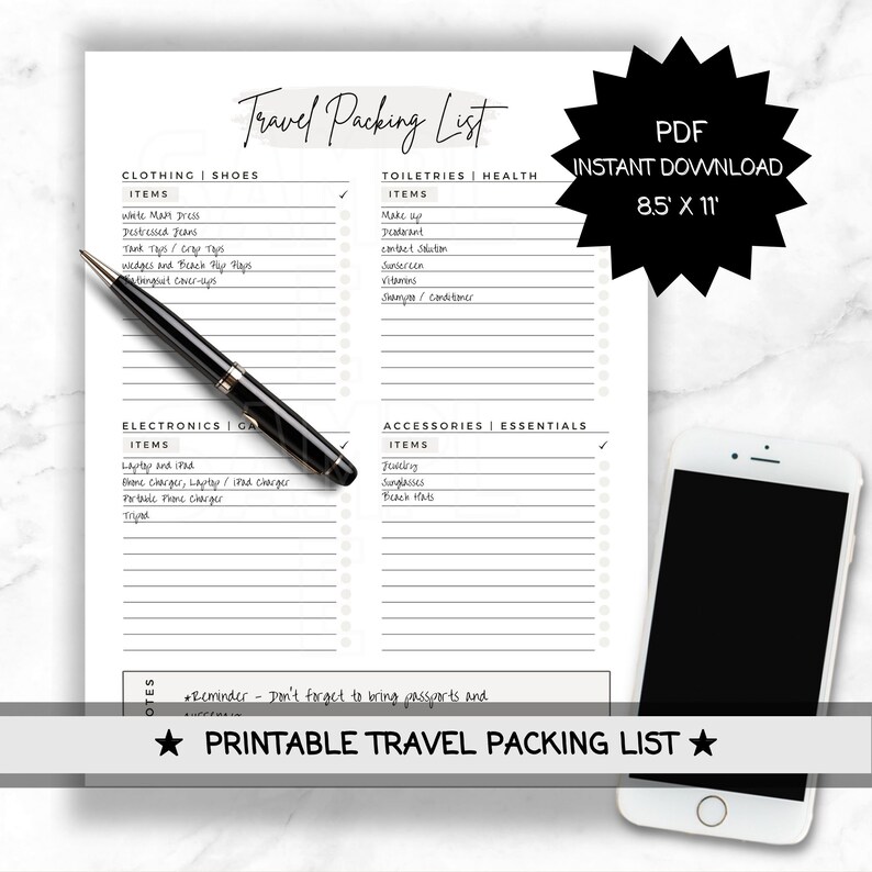 Travel Packing List Printable List Vacation Packing List Packing List ...