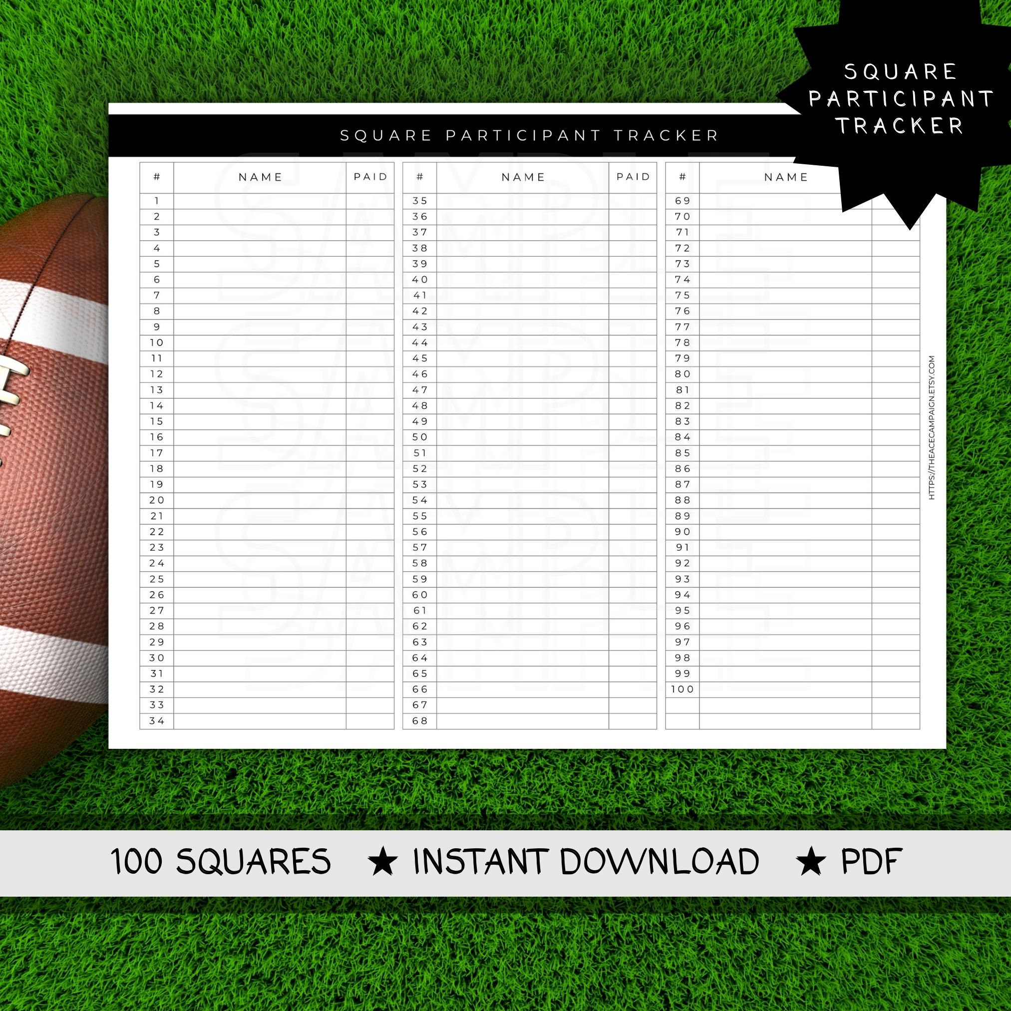 Football Squares Template: 100 Square Grid, Editable & Printable (PDF ...