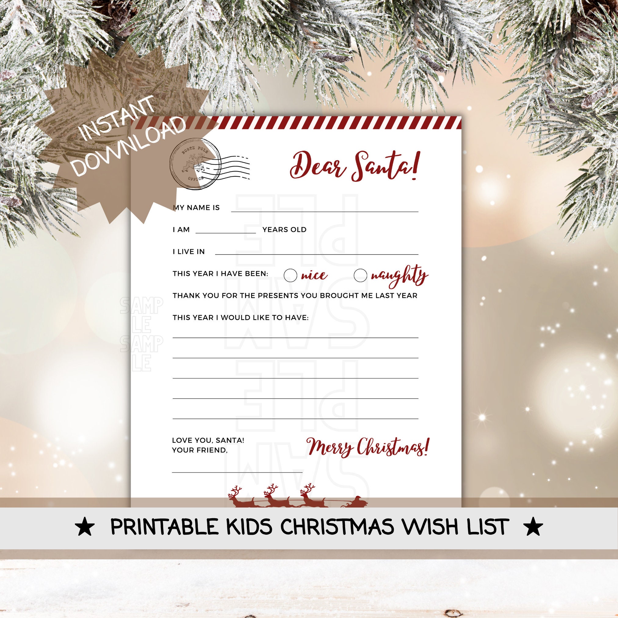 Printable Kids Santa Christmas List: Instant Download PDF Instantly ...