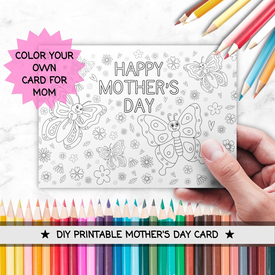 Printable Mothers Day Coloring Card Happy Mother's Day Digital Greeting ...