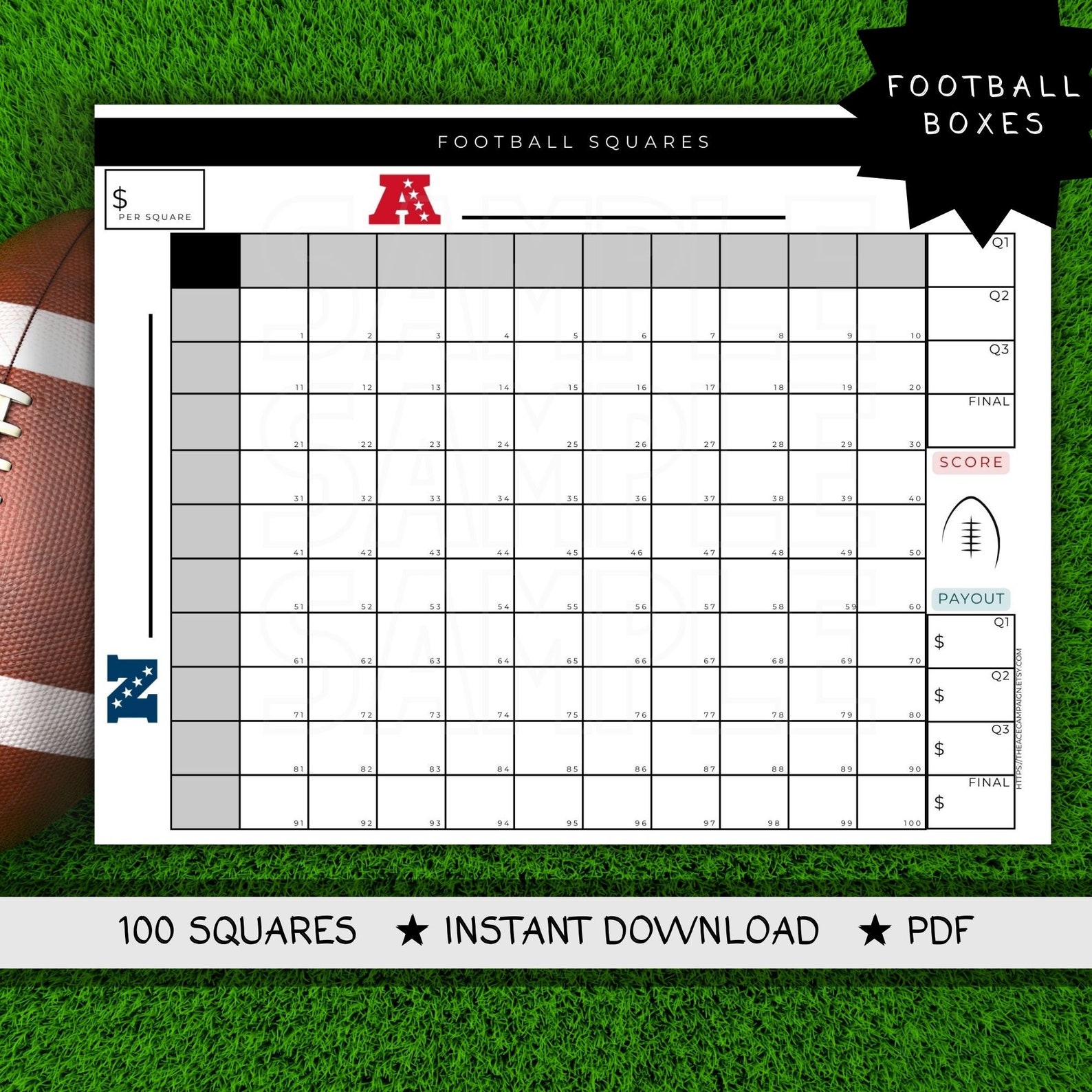 Football Squares Template: 100 Square Grid, Editable & Printable (PDF ...