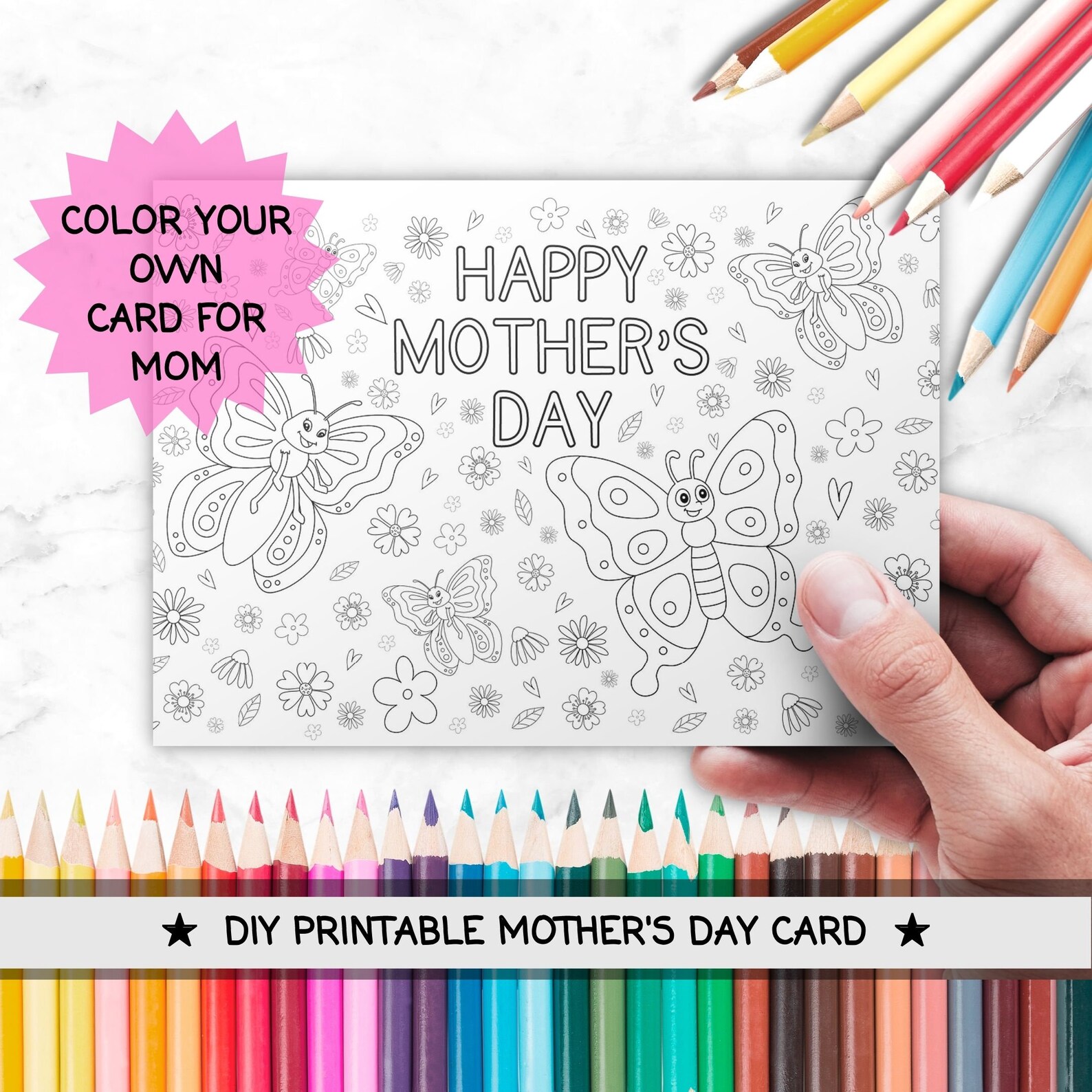Printable Mothers Day Coloring Card Happy Mother's Day Digital Greeting ...