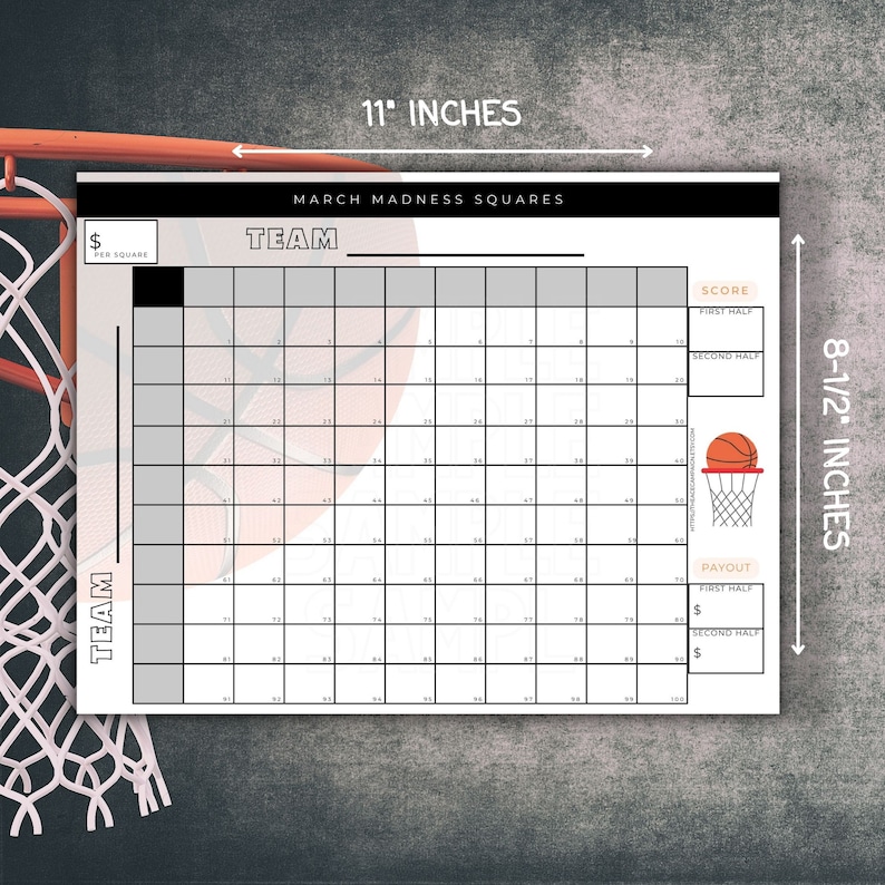 March Madness Basketball Squares: 100 Square Grid (printable & Editable ...