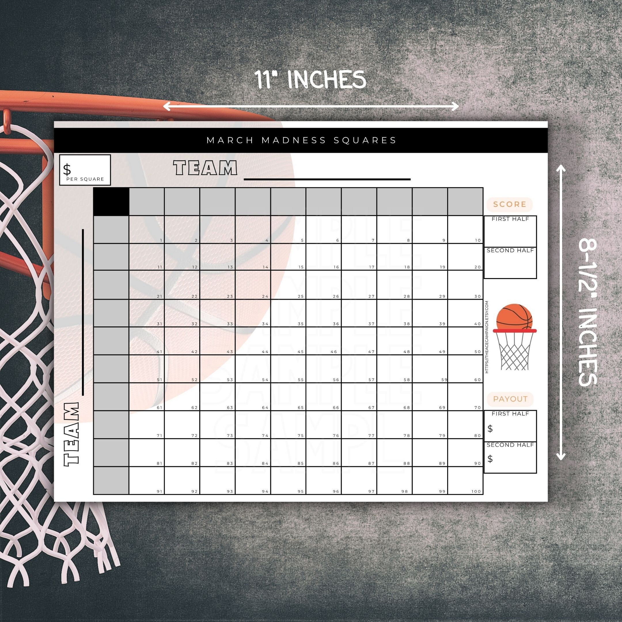 March Madness Basketball Squares: 100 Square Grid (printable & Editable ...