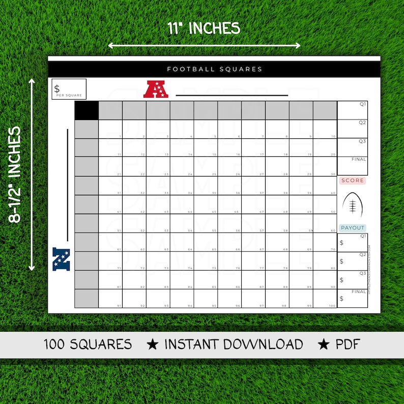 Football Squares Boxes College Football Printable Editable Football ...