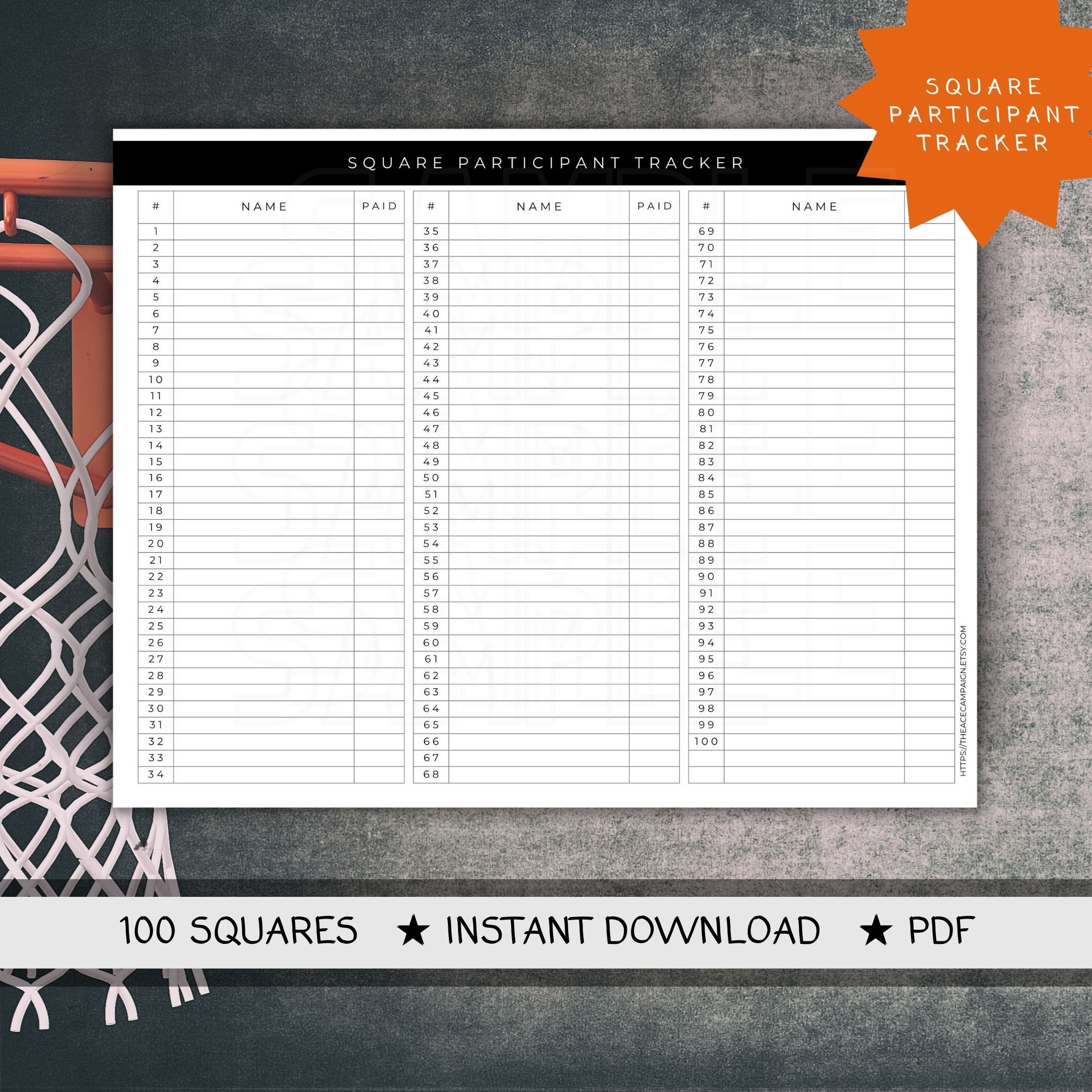 March Madness Basketball Squares: 100 Square Grid (printable & Editable ...