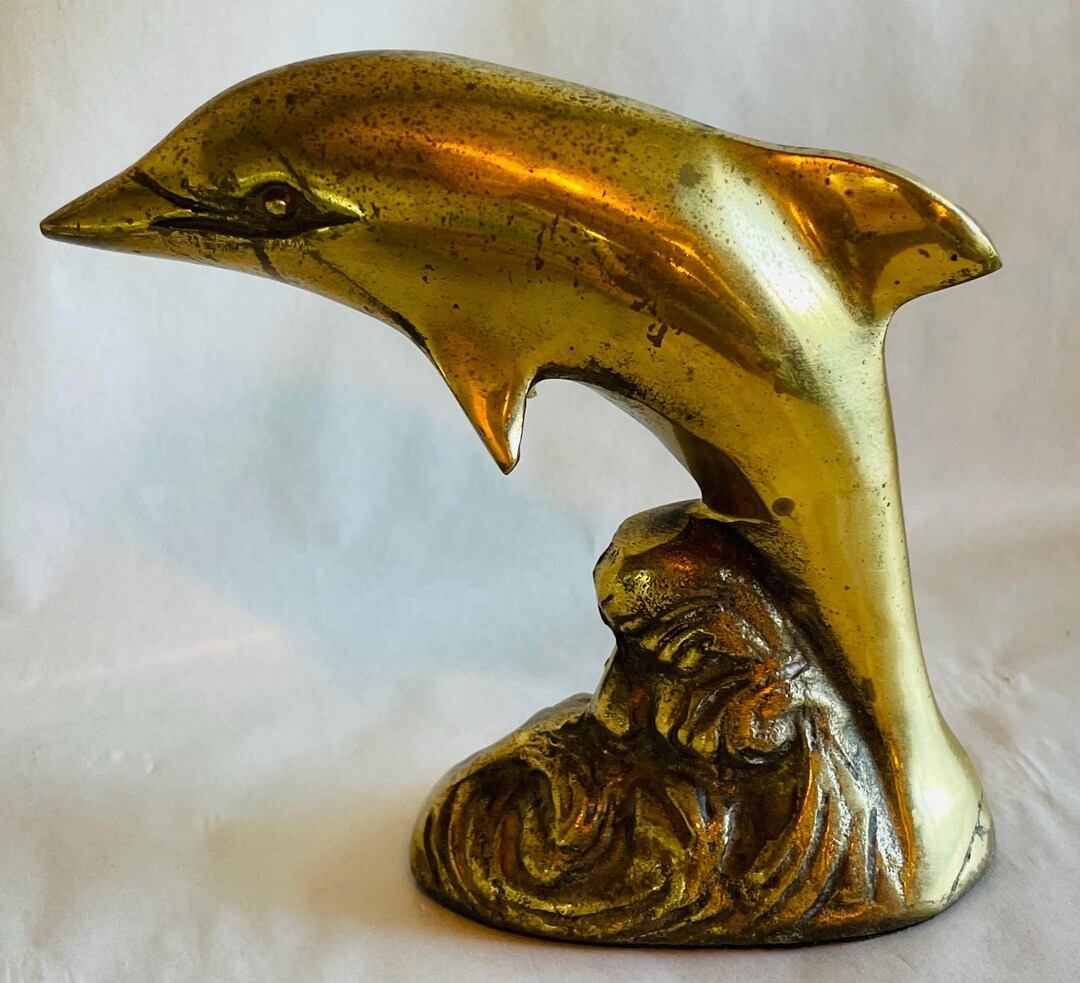 Vintage Solid Brass Dolphin Figurine - Heavy Brass Dolphin on Wave ...