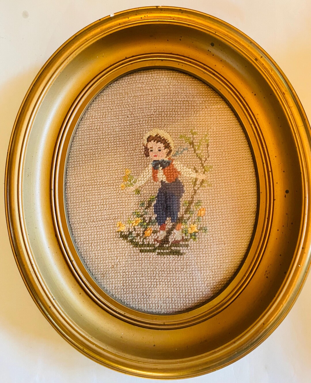 Vintage Little Boy Needlepoint in Oval Wood Frame - Etsy