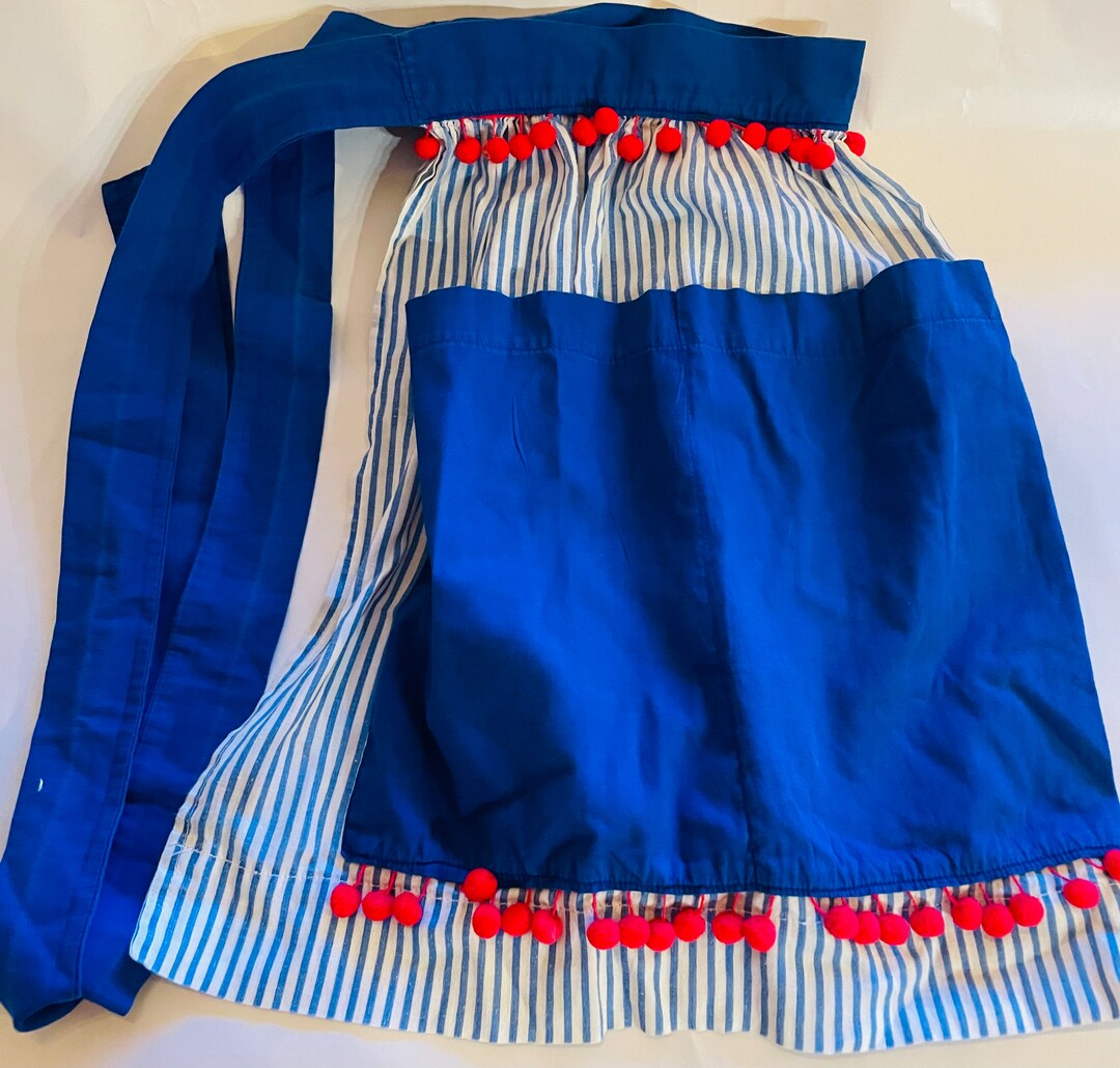 Vintage Blue Striped Apron With Red Pom-poms - Etsy